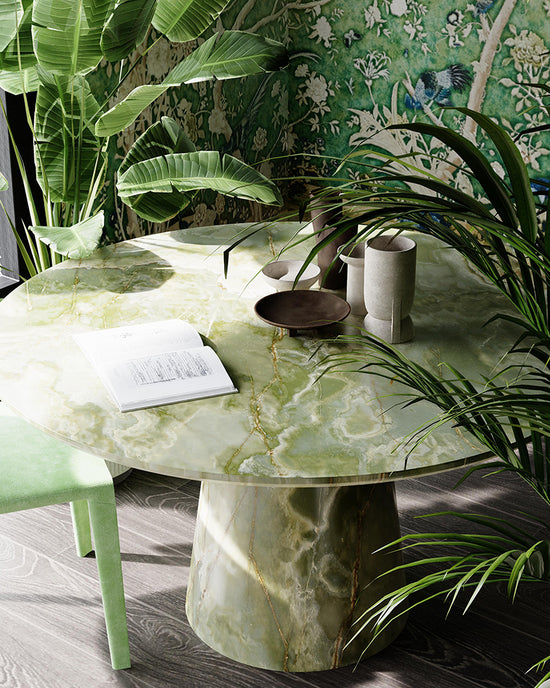 Fanstonefurniture | Natural Green Onyx Round Dining Table with Conical ...